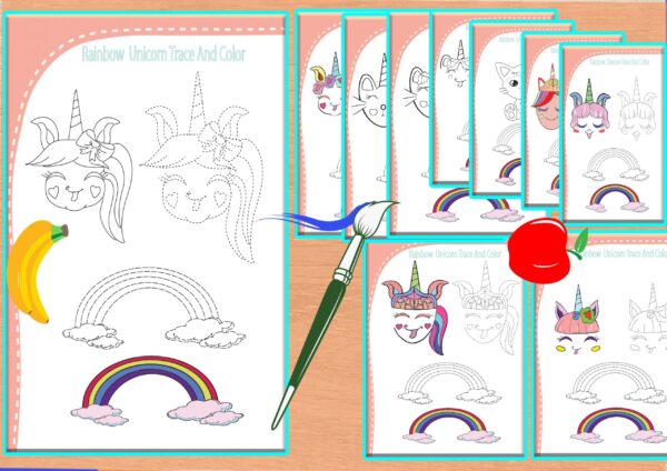 Awesome 10 X Rainbow Color Unicorn Worksheets For Kids